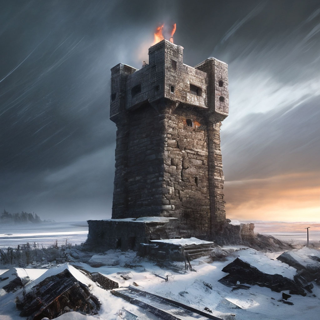 "Rectangular stone tower with planks …" — image created in Shedevrum