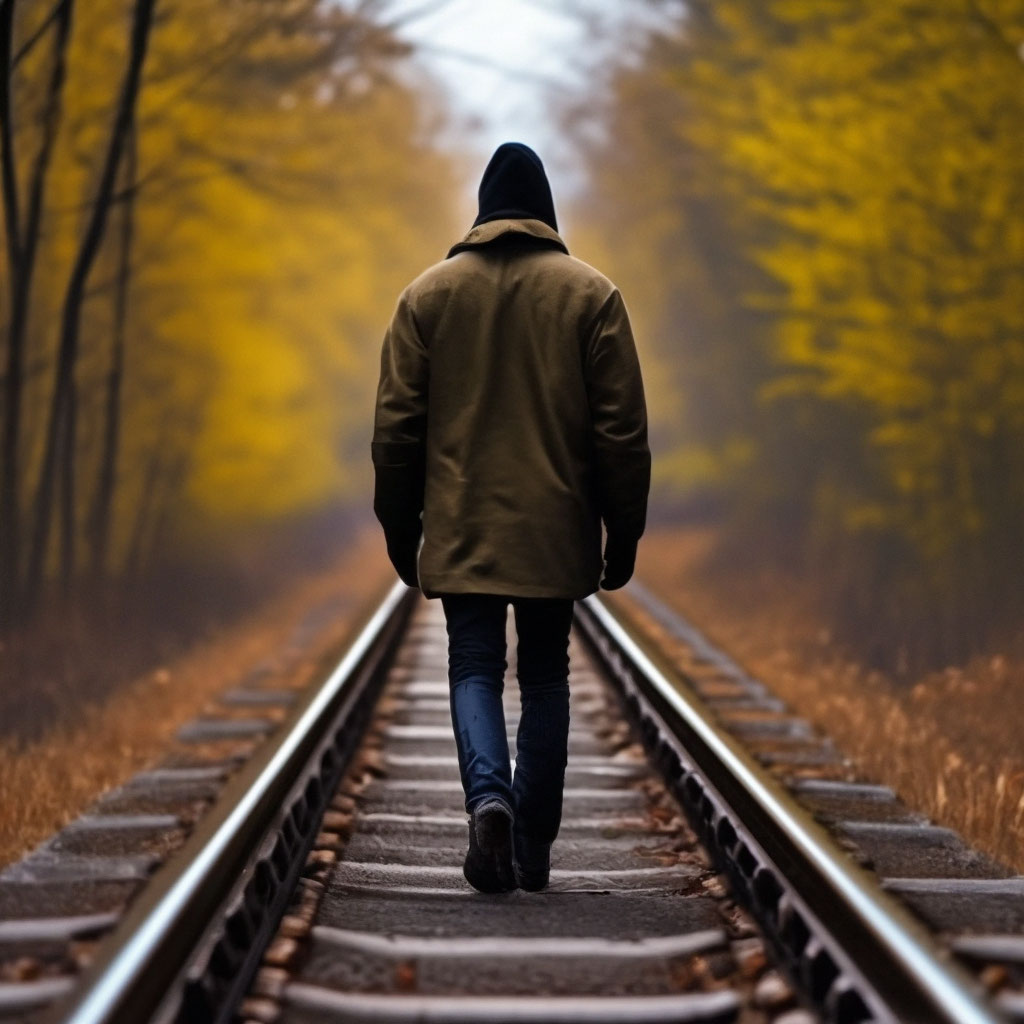 "A man walks on rails and goes autumn" — image created in Shedevrum