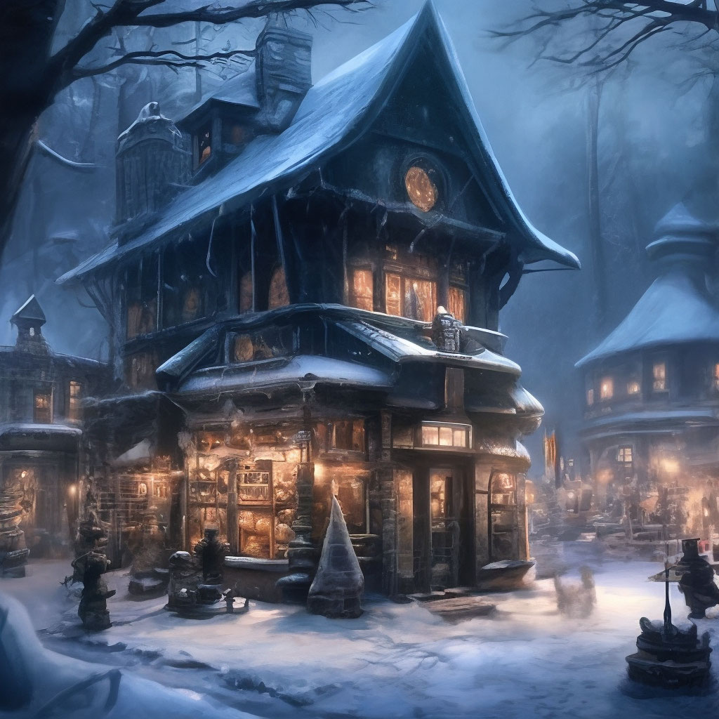 "Creepy fantasy store in winter" — image created in Shedevrum