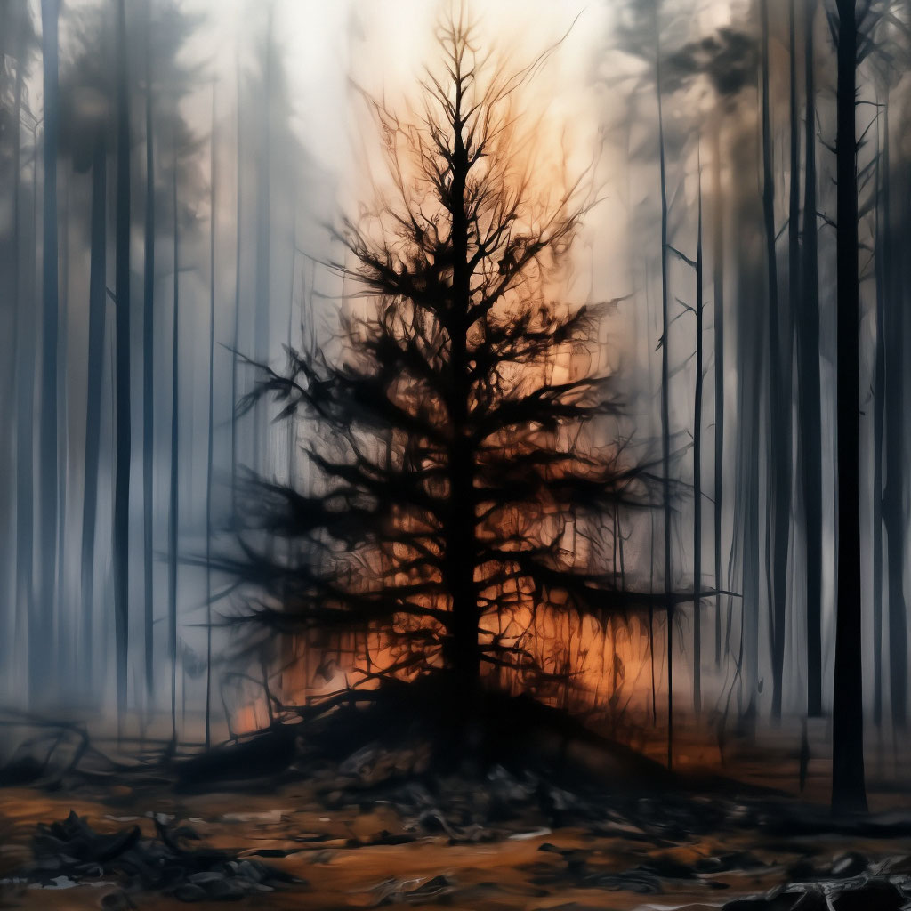 "A large burnt Christmas tree in the forest, watercolor graphics, 8k ...