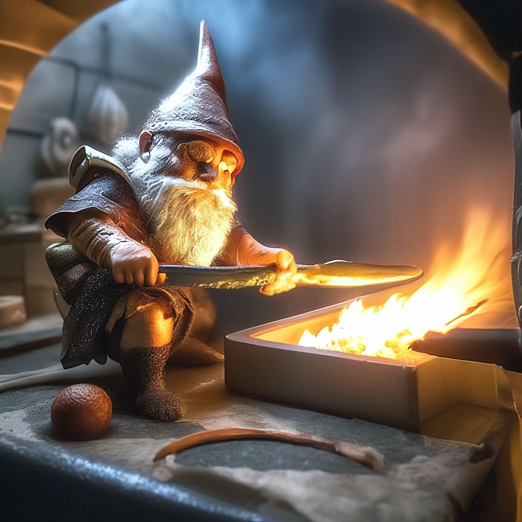 "Gnome makes a sword, oven, heat, concentration, epic,cool , real photo ...