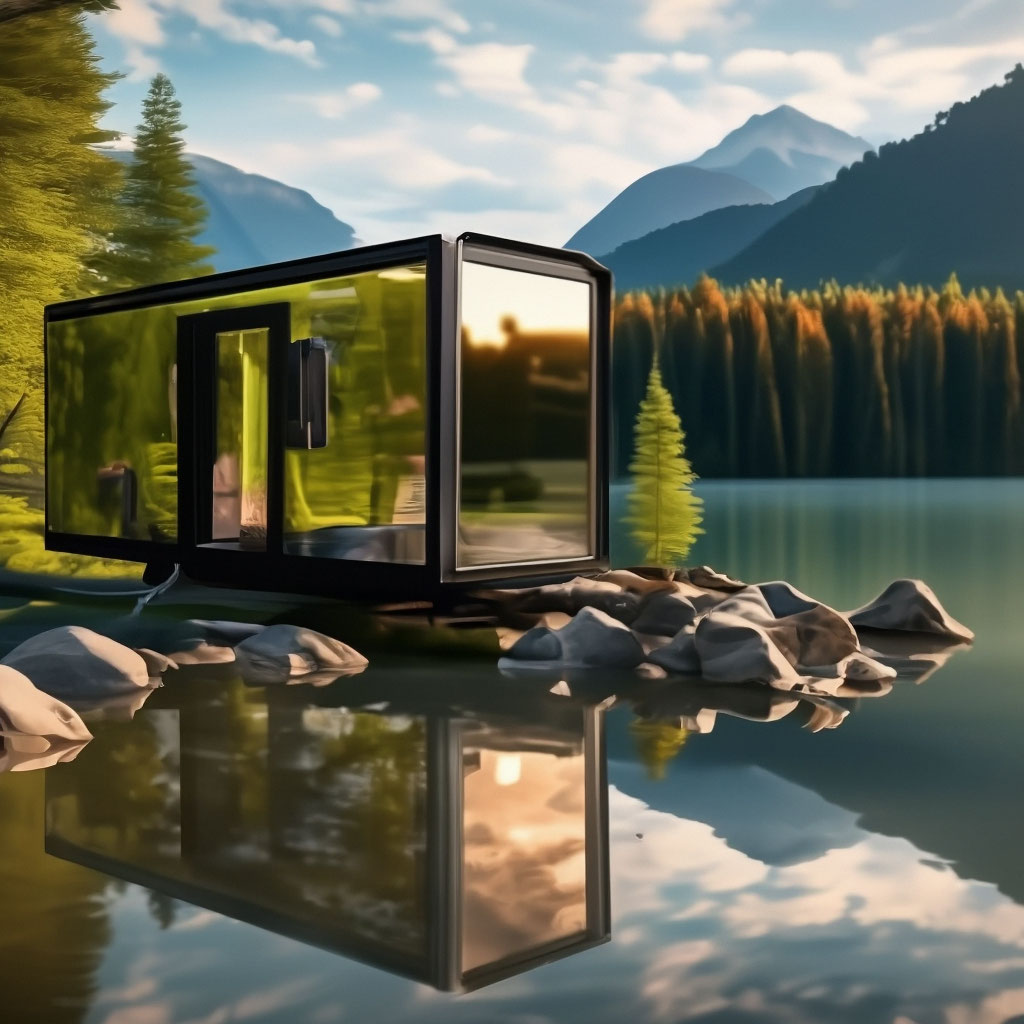 "Mirrored, rectangular residential module on wheels, house trailer ...