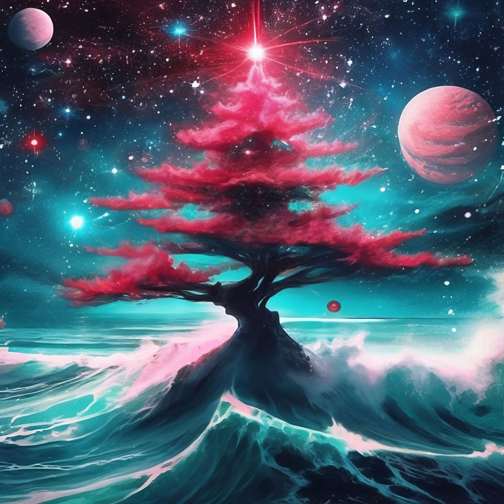 ". A Christmas tree made of stars and planets in the middle of a raging ...