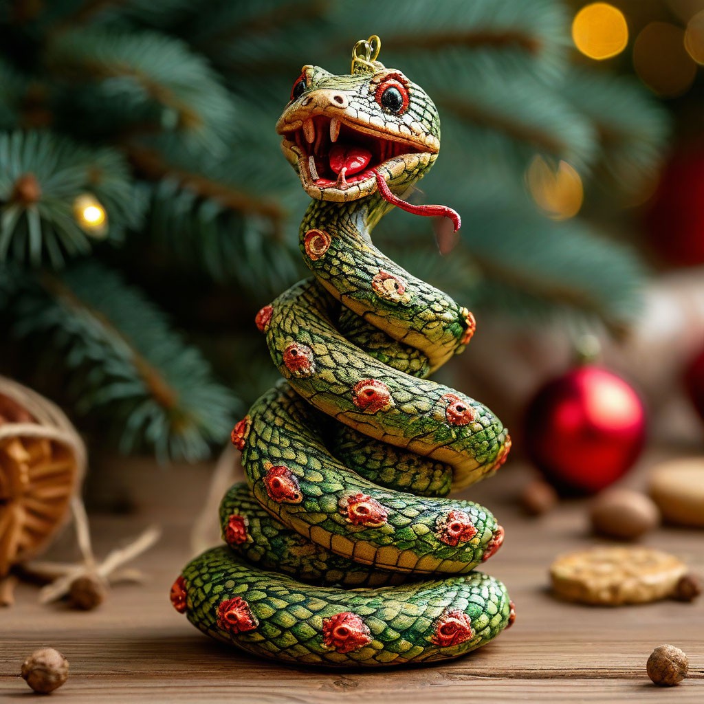 "A Christmas tree made of many light green vipers with open mouths ...