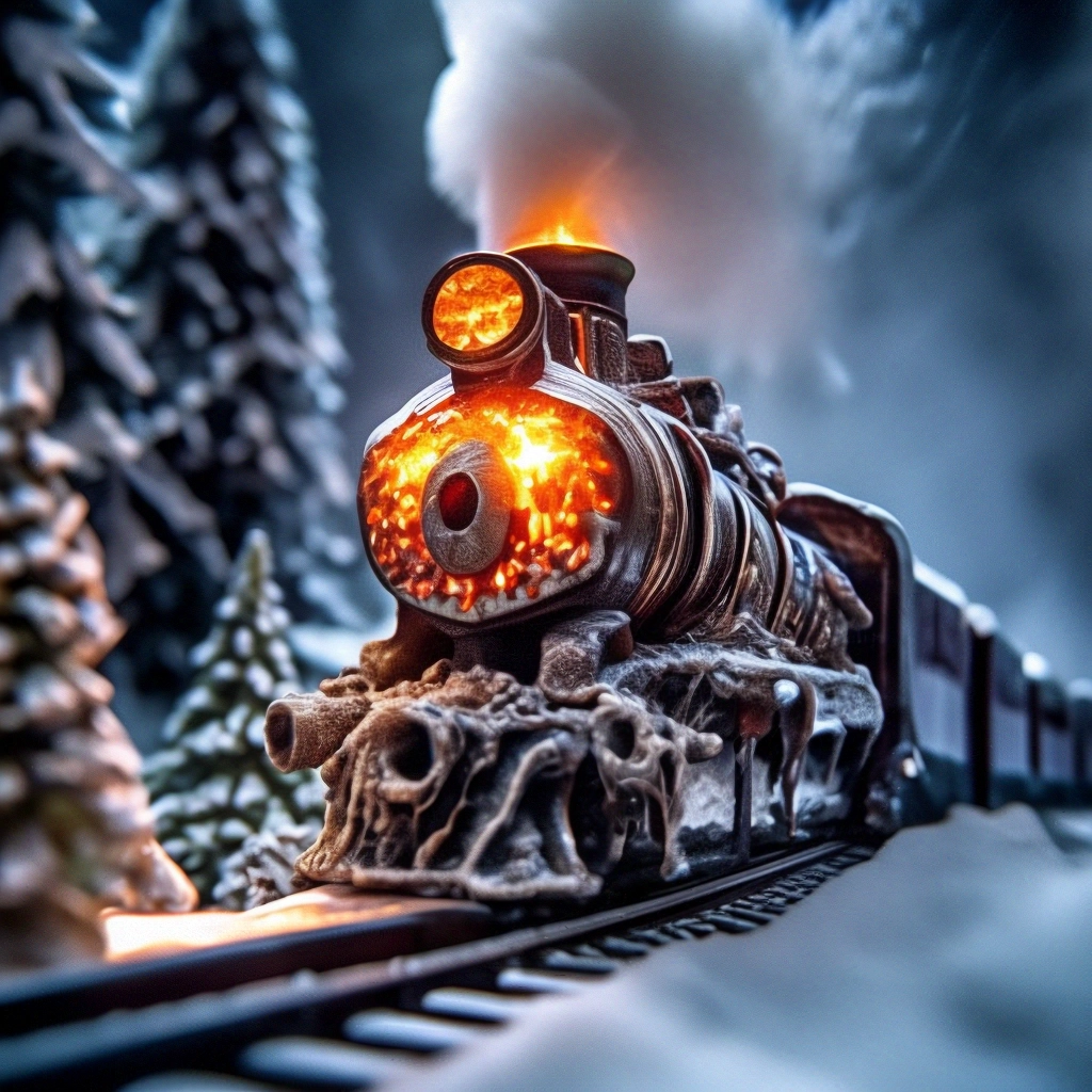 "A train with a skull instead of a steam locomotive in front, rushes ...