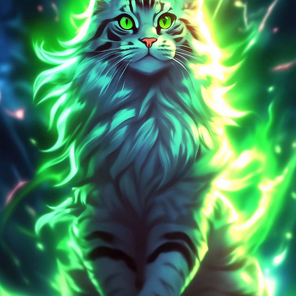 "Super Saiyan gato raza Maine Coon ganando poder y alrededor no verde ...