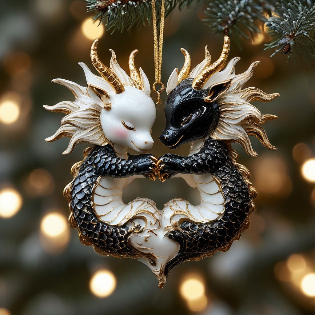 "Two dragons, one white and the other black, embrace, and their tails ...