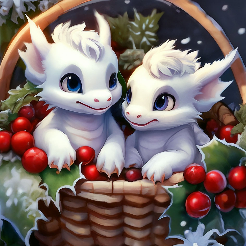 "Gouache drawing, two cute tiny fluffy curly white baby dragons, chibi ...