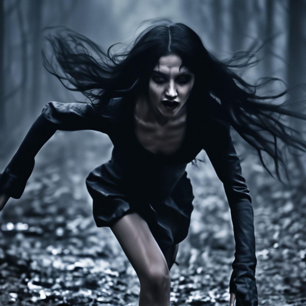 "Horror, a scary girl with black hair runs in a bridge pose" — image ...