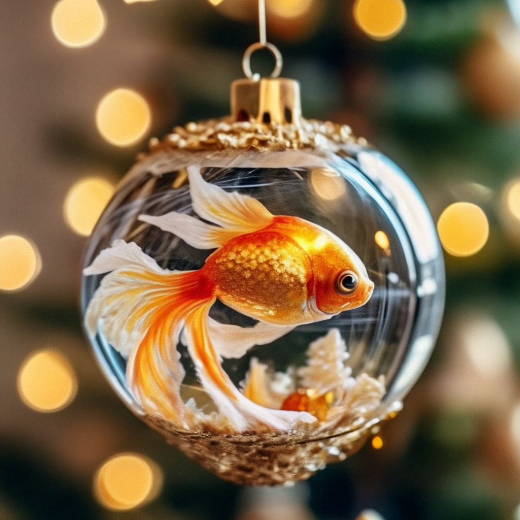 "A transparent ball inside a beautiful shiny goldfish with a lacy tail ...