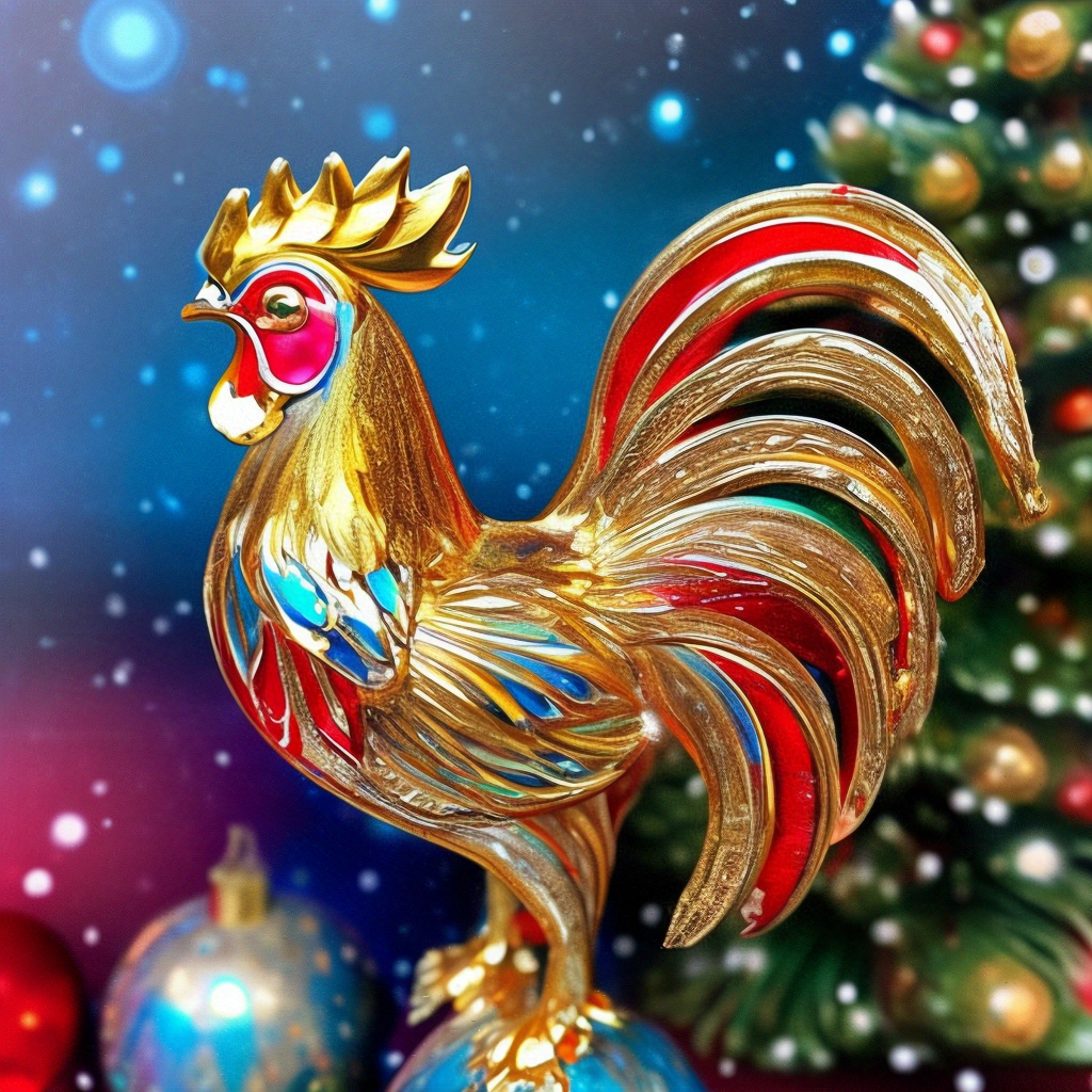 "Golden cockerel red comb multicolored tail fine drawing, shiny ...