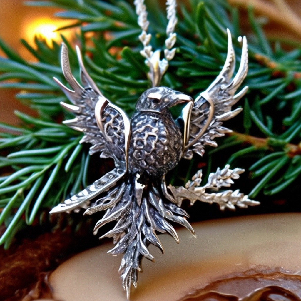 "Pendant, severe raven made of silver in its beak, juniper twig, black ...
