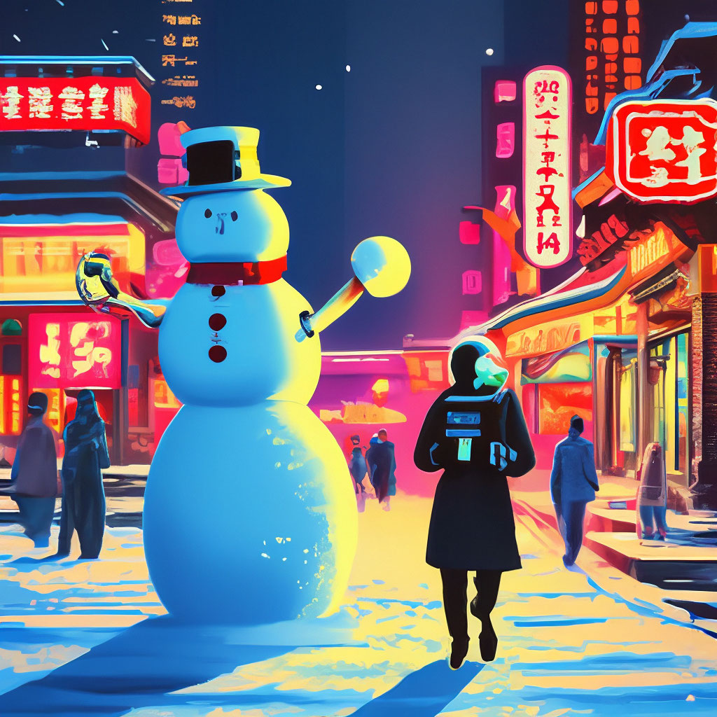 "A snowman with a camera walks around …" — image created in Shedevrum
