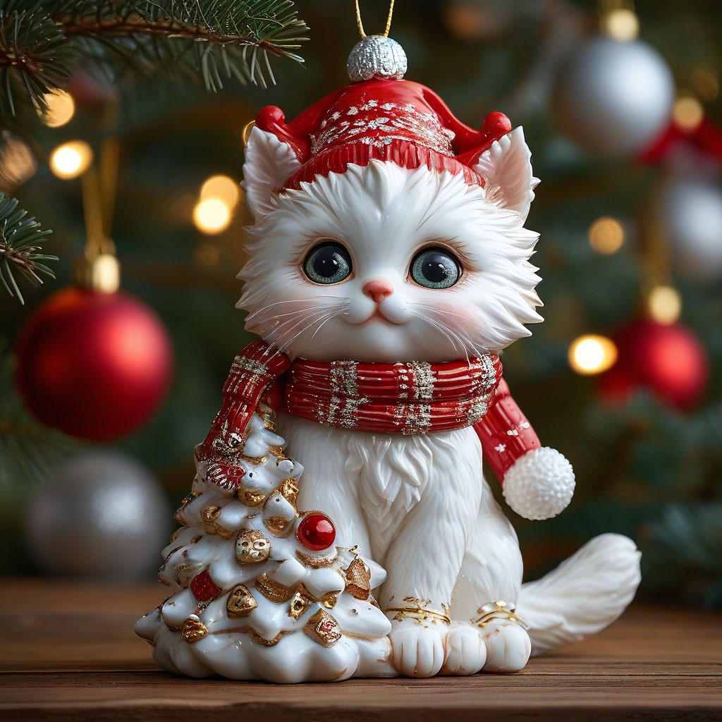 "The cat is white fluffy with big eyes with a red cap and a white ...