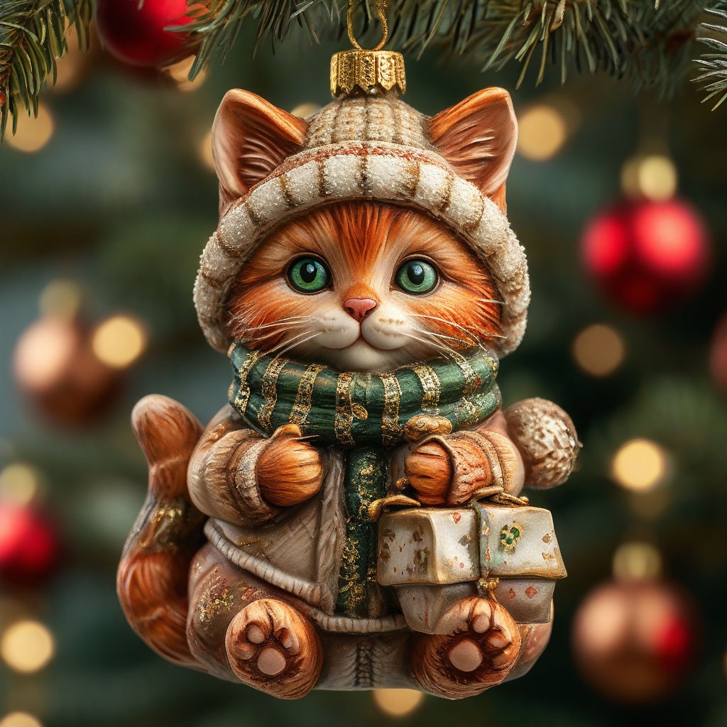 "A kitty with drooping ears, in a hat, red-haired, with a fluffy fur ...