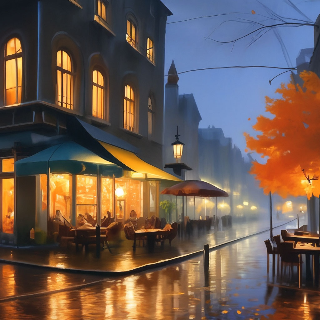 "Autumn city, narrow street, evening, cafe, rainy" — image created in ...