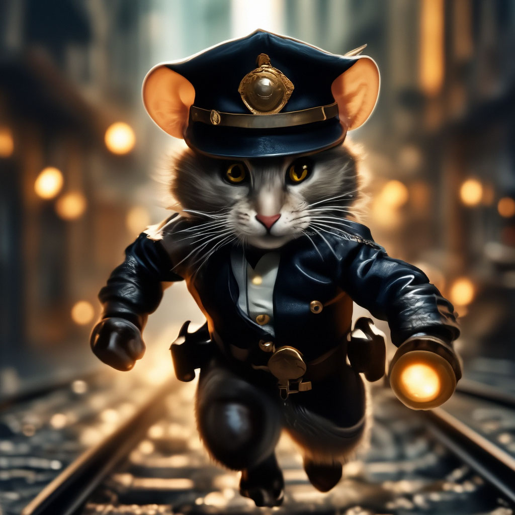 "Mouse cop chasing thief cat realism, 4k" — image created in Shedevrum