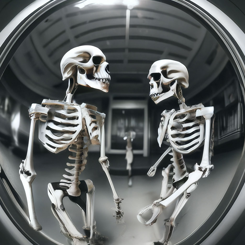 "The skeleton stands and looks into a fisheye with lenses" — image ...