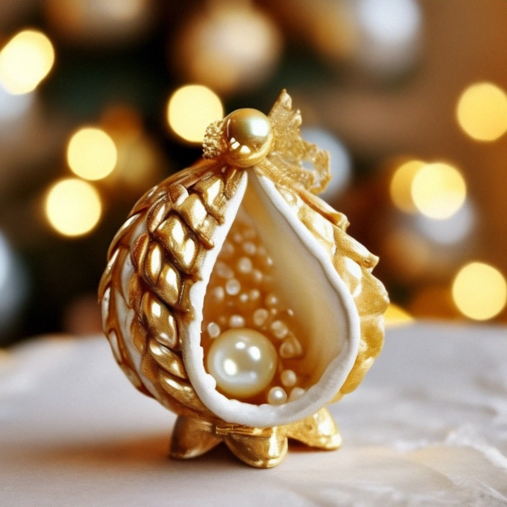 "An open golden shell, a pearl inside, filigree, porcelain toy, gold ...