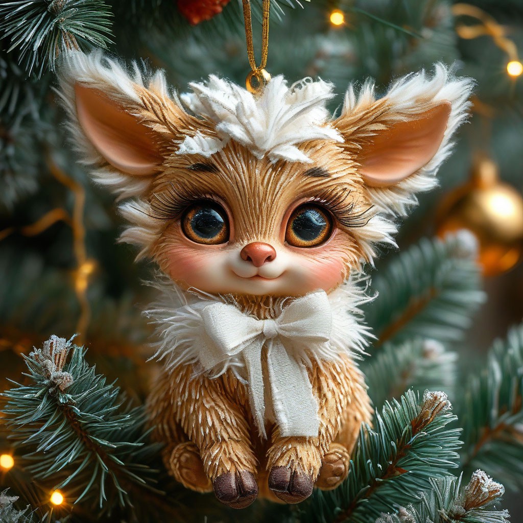 "Fluffy furry cute elf fawn with big eyes and long eyelashes white bow ...