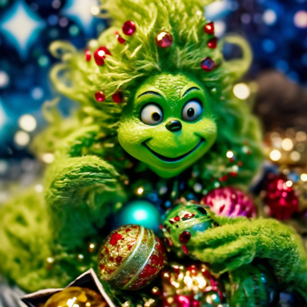 "Grinch the thief of Christmas, stole all the gifts in her bag, bright ...