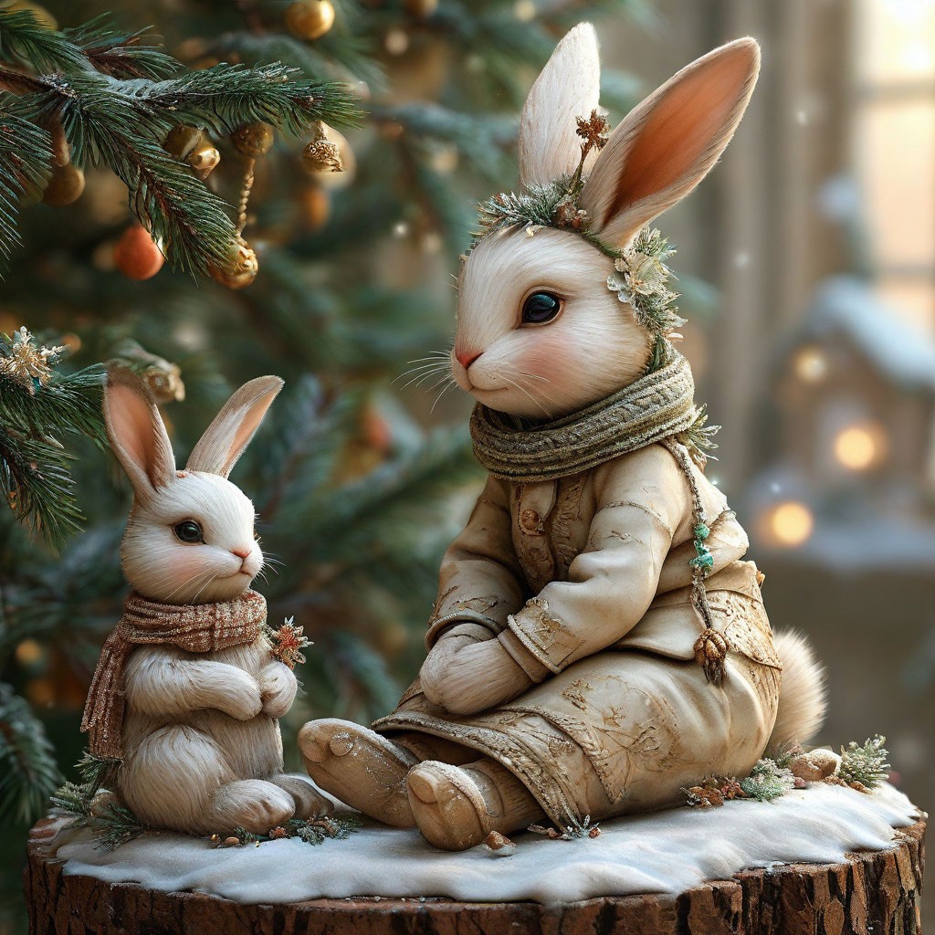 "Macro photo of a bunny sitting with a bird on a branch spring thaw ...
