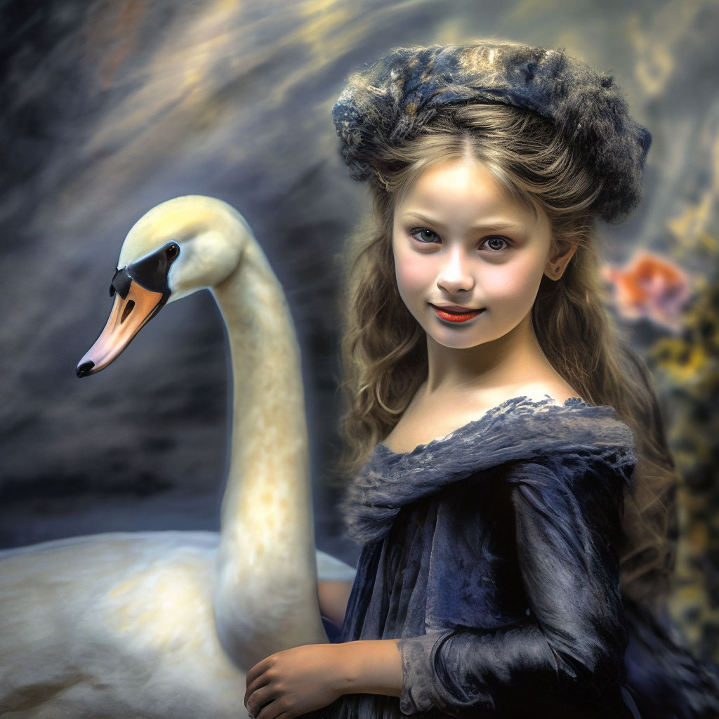 "Pintura cisne y niña,posando …" — imagen creada en Shedevrum