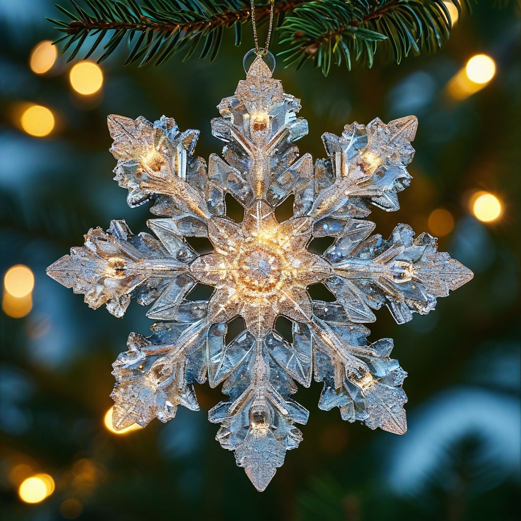 "A crystal snowflake, shimmering with silver, glitters, has many ...