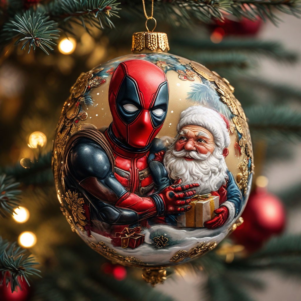 "A balloon on the Christmas tree with a picture where Deadpool gives ...