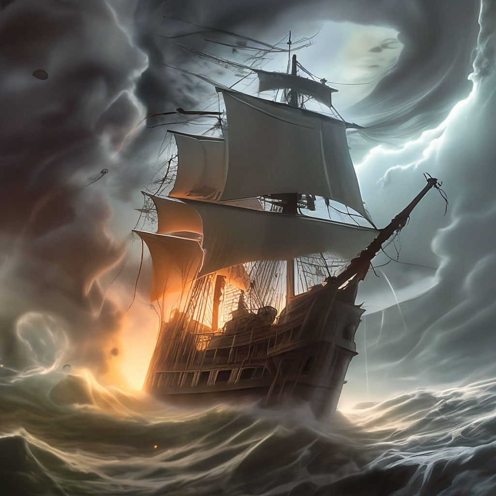 "Ghostly galleon and severe storm" — image created in Shedevrum
