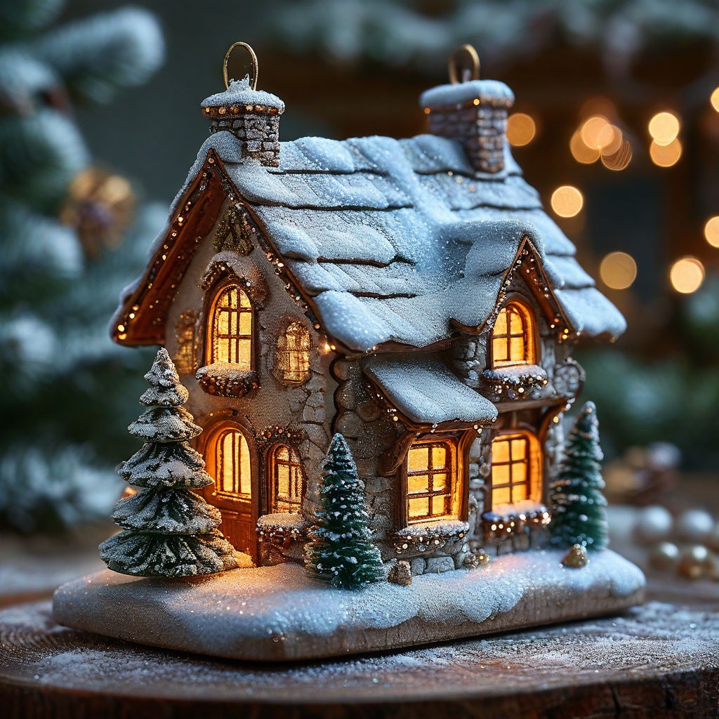 "A small house with a sloping roof covered with snow, the window is lit ...