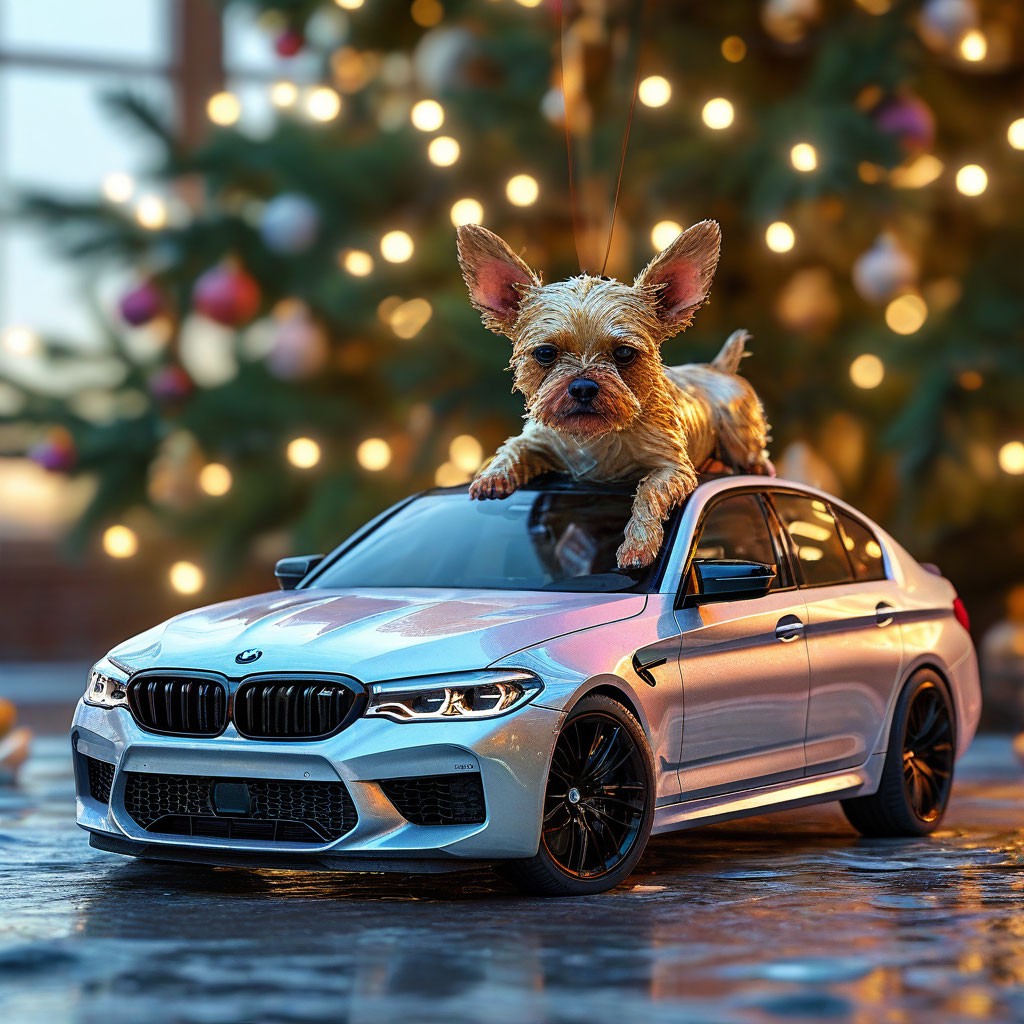 "A cloicolor dog of the Toy Terrier Er breed rides on the roof of a BMW ...