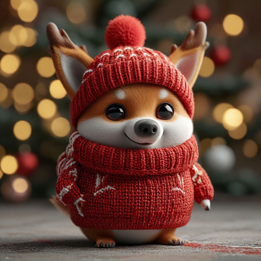 "A corgi in a scarf in a red sweater with reindeer and a red hat and in ...
