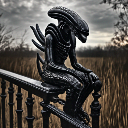 «Black xenomorph sitting on a wrought iron fence Gothic art, in a dark ...