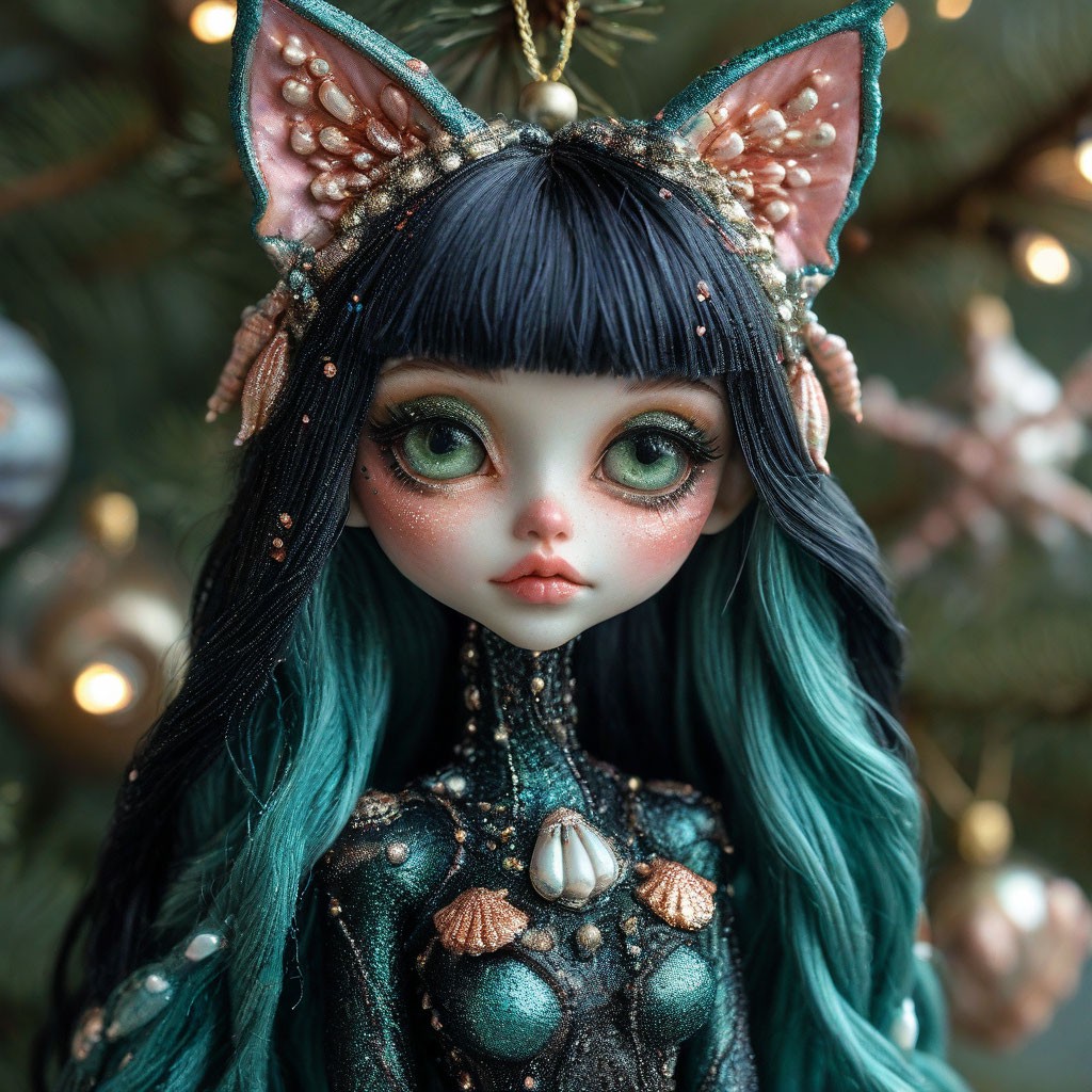 "A super cat girl in a black and green suit with long black hair and ...