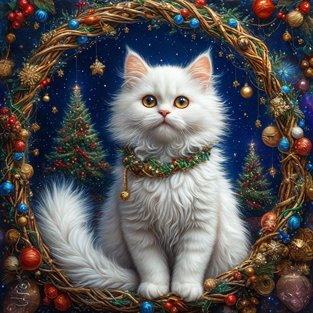 ". white fluffy cat catching galactic christmas tree woven from nebulae ...