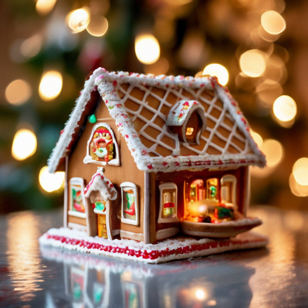 "Gingerbread house with tinsel" — image created in Shedevrum