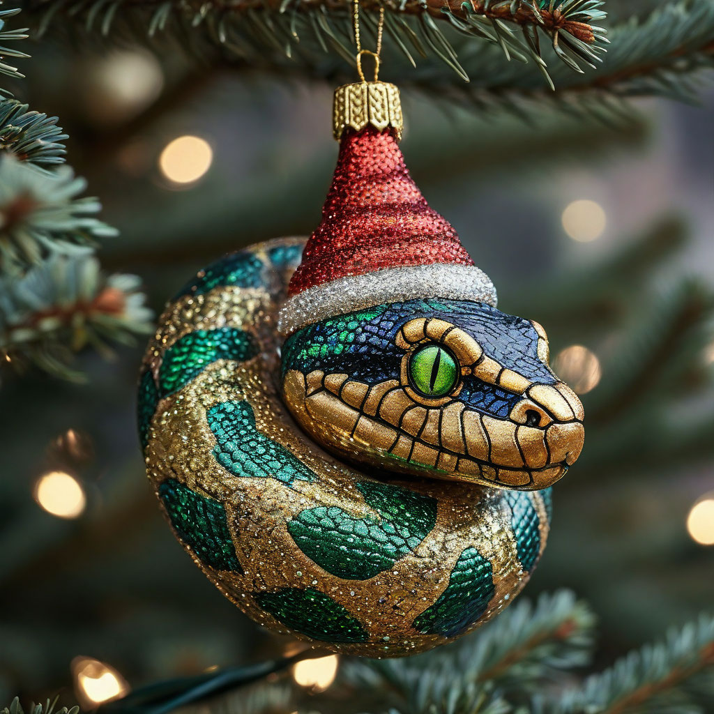 "A chess python with emerald eyes in a Christmas hat.Shine.Tinsel ...