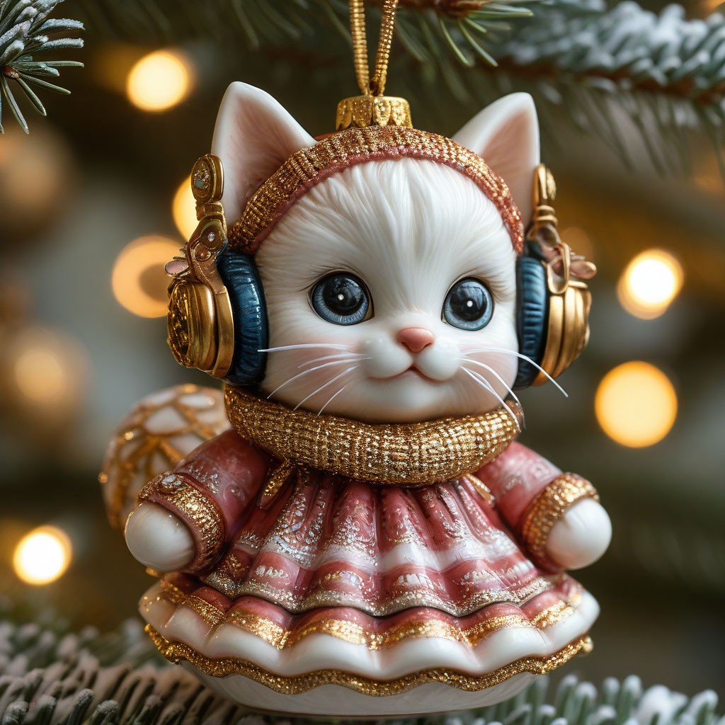 "Little cartoon chubby kitty in a dress and headphones listening to ...