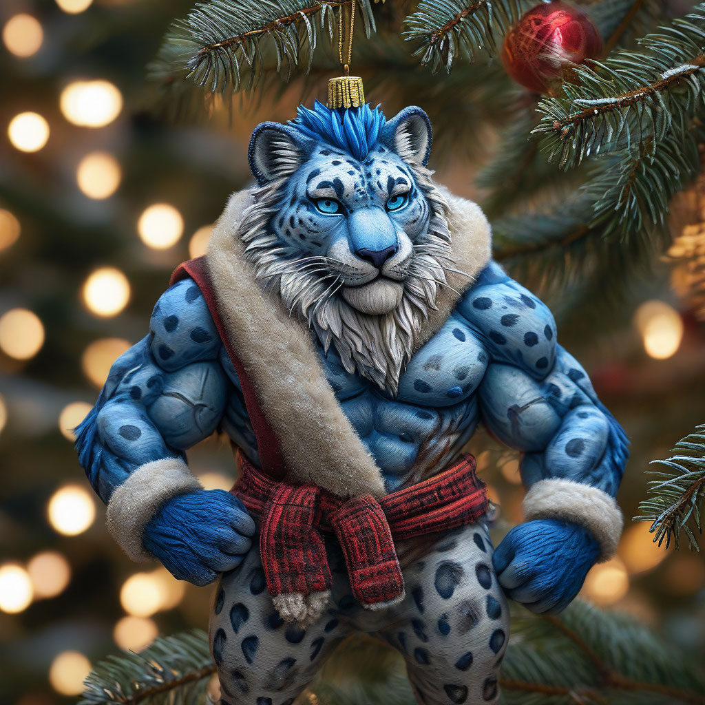 "Giant furry bodybuilder muscular snow leopard with blue hair, blue ...