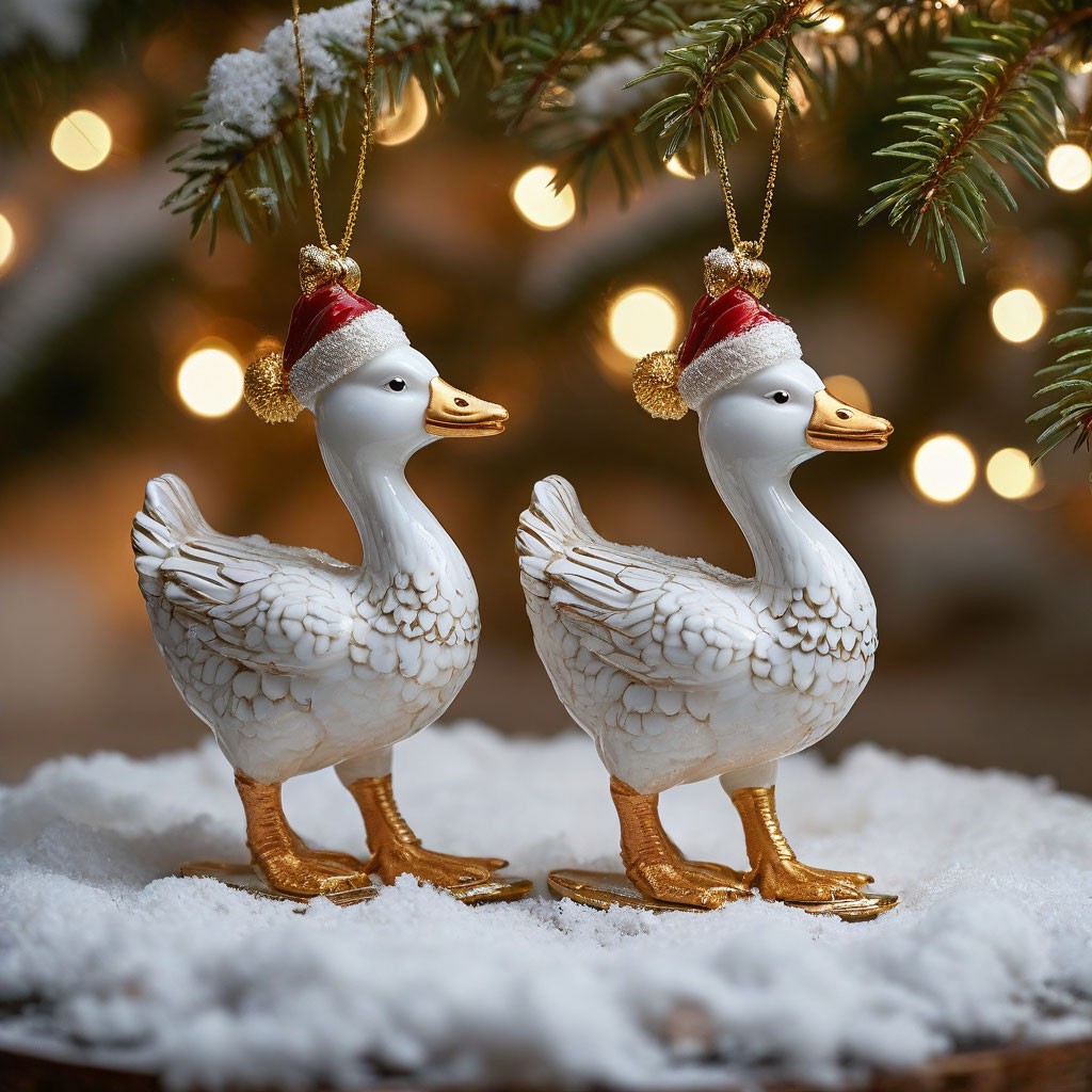 "Two geese with New Year's hats are walking through a snowy clearing ...