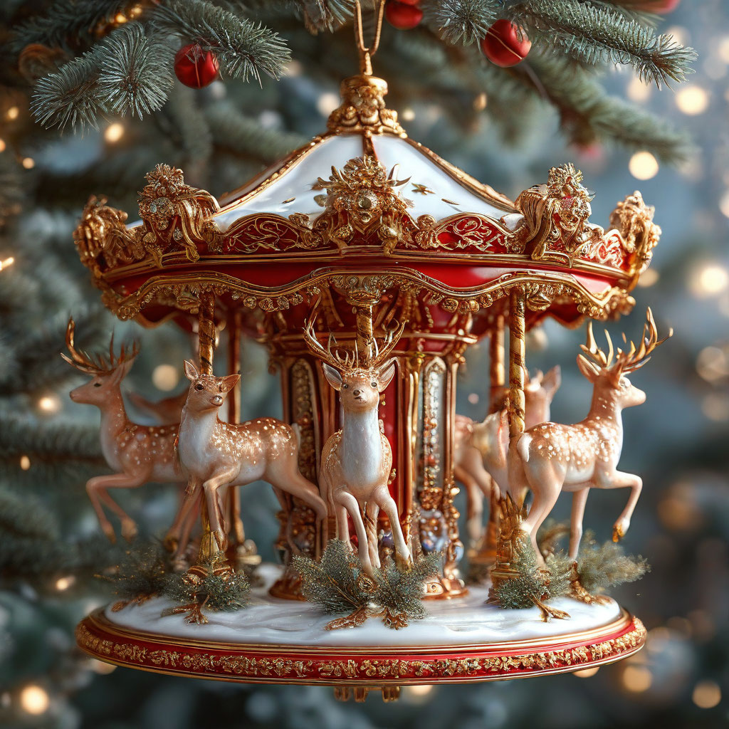 "A carousel made of shiny materials, red and gold, twisted columns, an ...