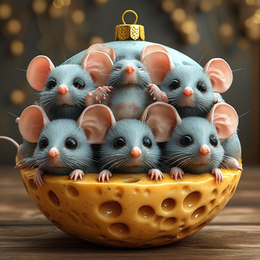 "Lots of mice with big eyes peek out of the cheese" — image created in ...