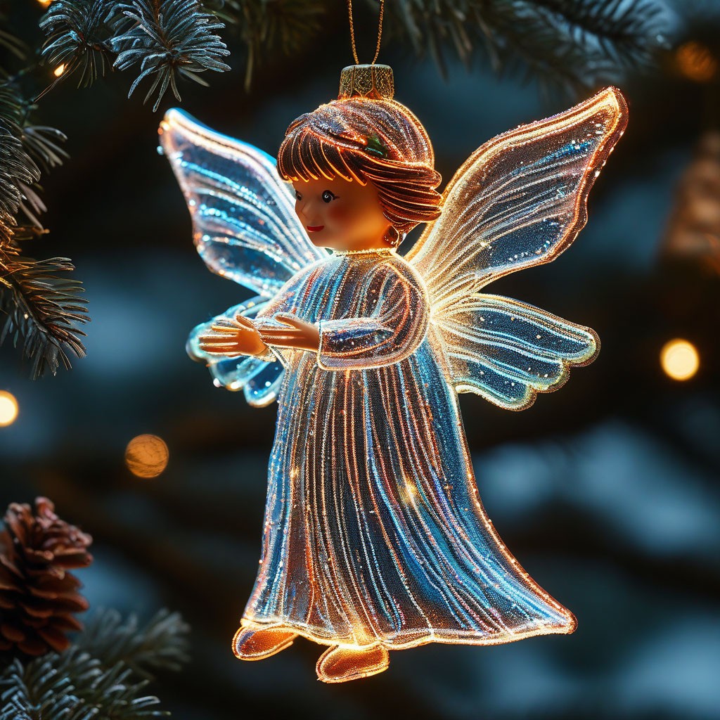 "A beautiful transparent neon angel, who stands and looks at his hands ...