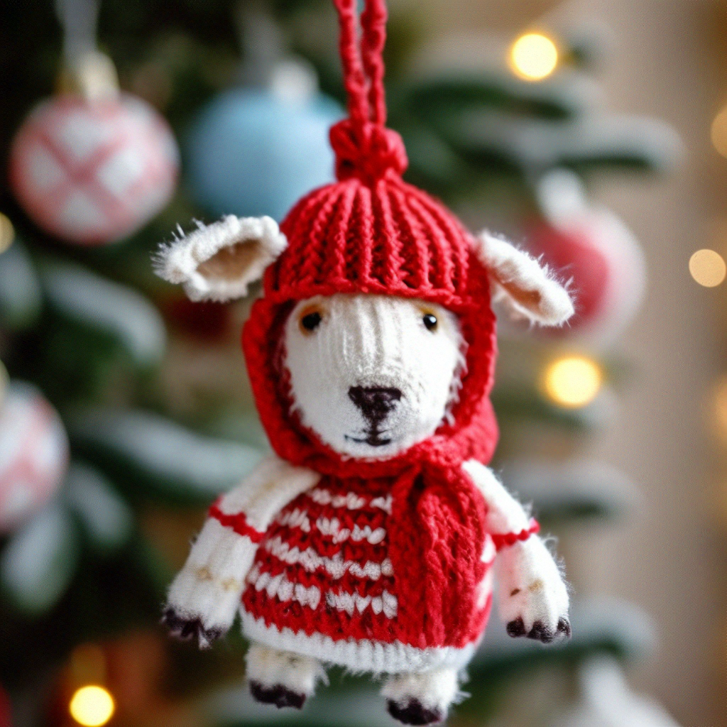 "The white goat knitted Christmas tree toy, hanging on the Christmas ...