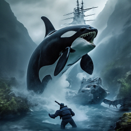 «Orca in pursuit of a navy seal, hyperdetalization, horror, dark ...