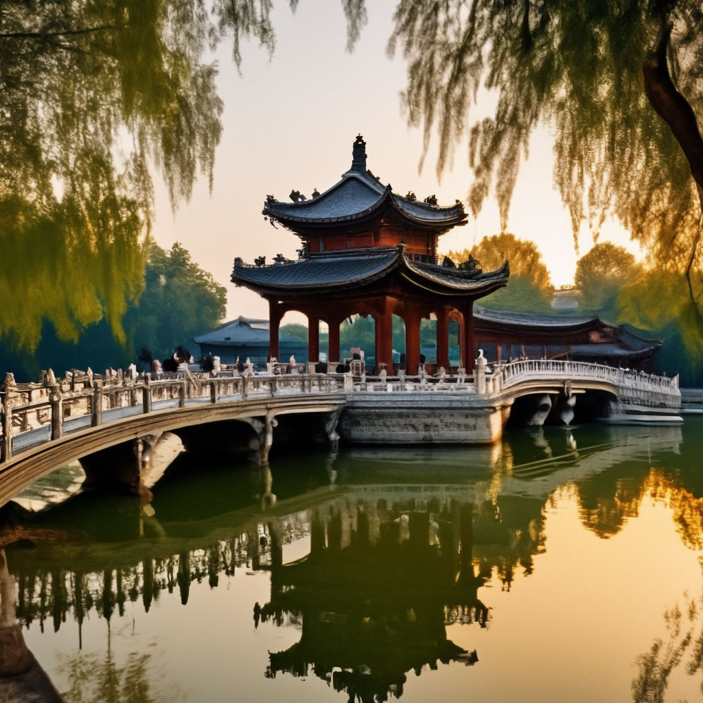 "Autumn Palace. Bridge over the lake. Beijing. China. Sunset, Lush ...