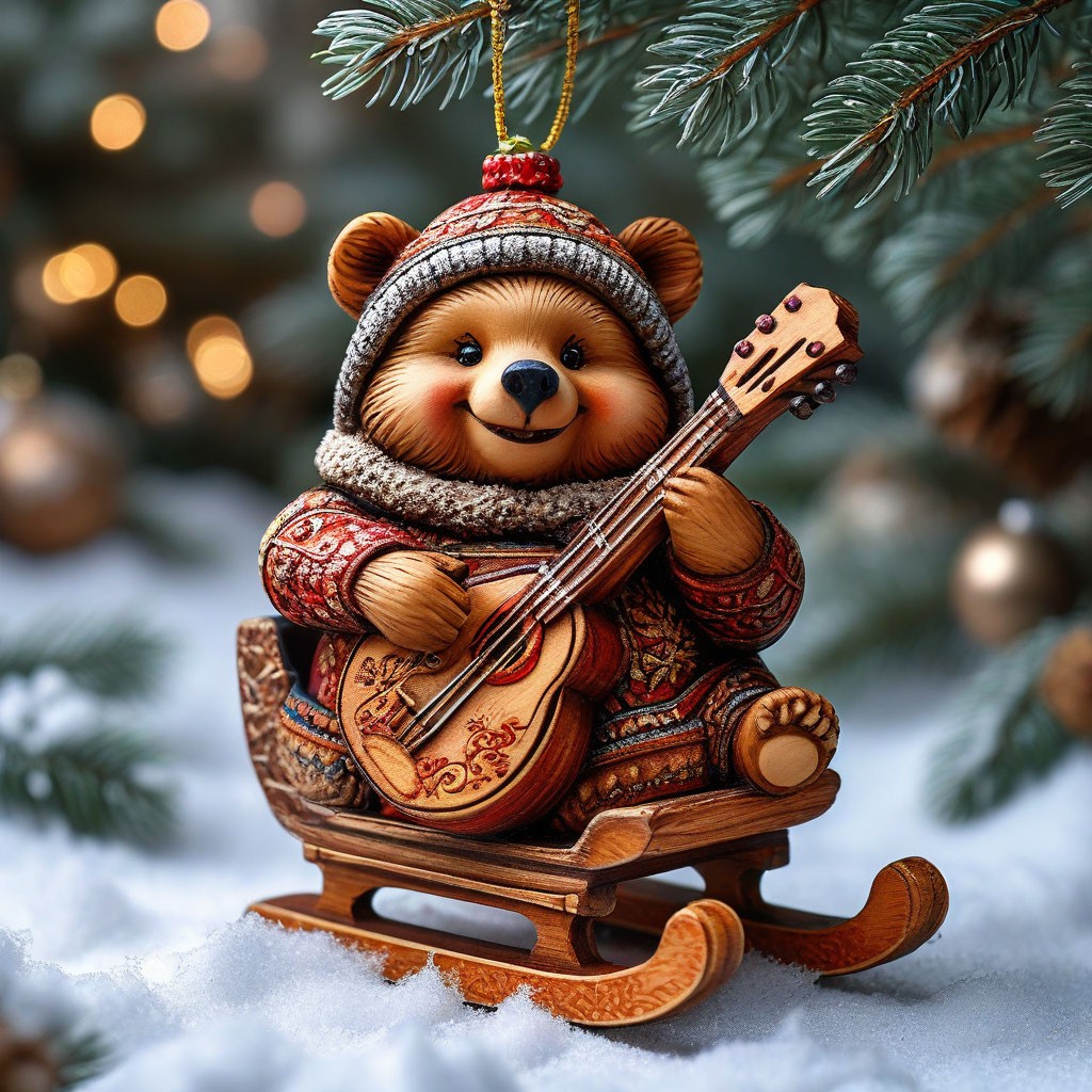 "A Russian bear is smiling, with a balalaika in his hands and a hat ...