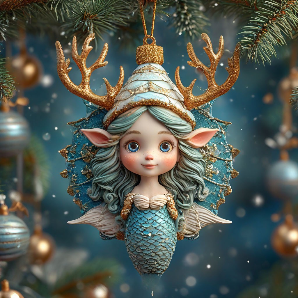 "Mermaid with antlers of a deer in a New Year's hat" — image created in ...