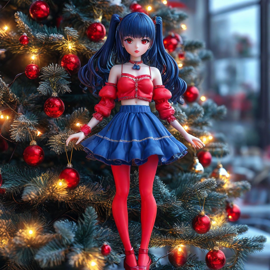 "Cute yandere girl in anime style, in red top and blue skirt, with dark ...